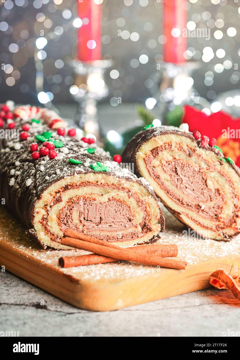 Traditional Christmas cake. Chocolate yule log with christmas ...