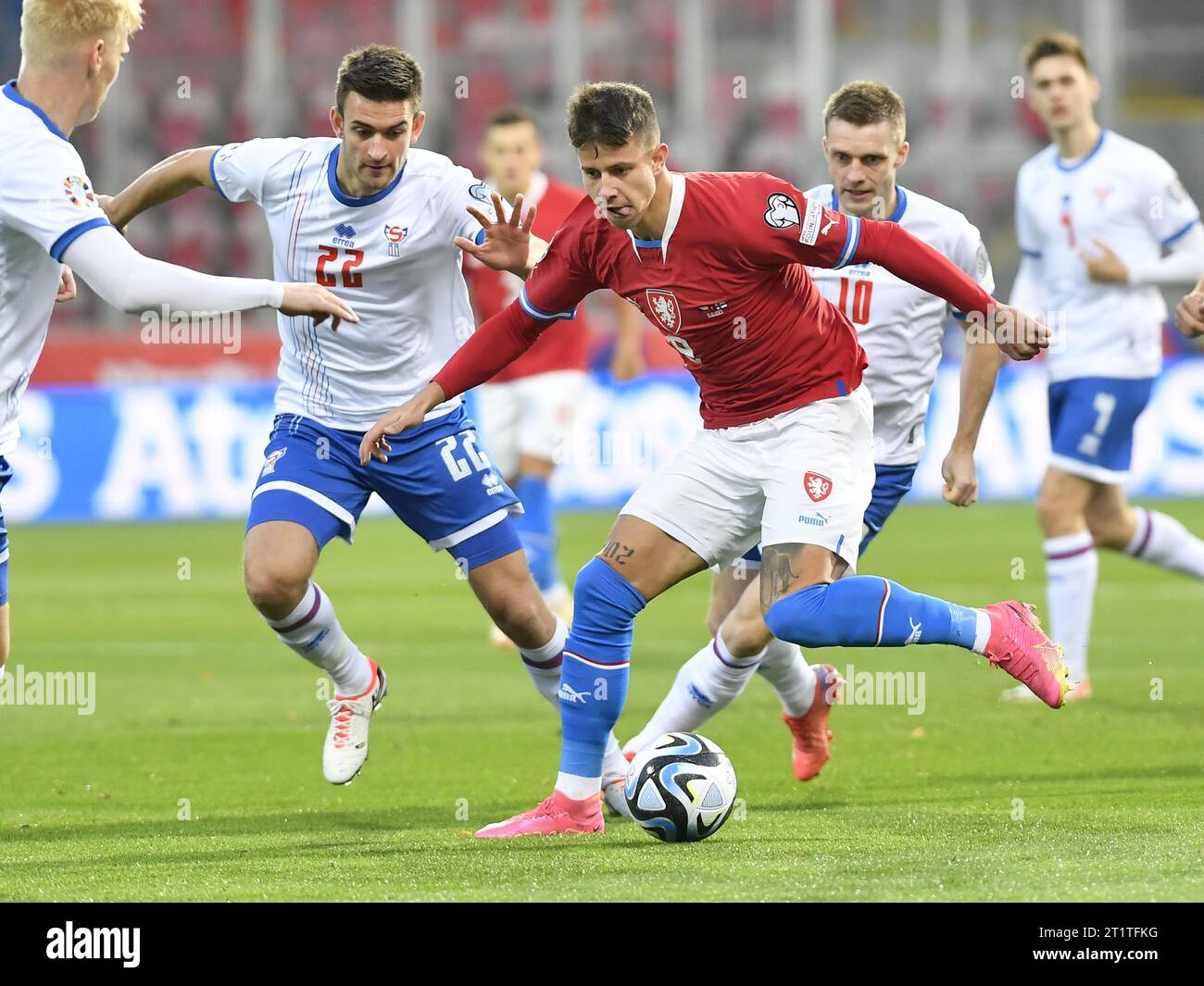 Pilsen, Czech Republic. 15th Oct, 2023. L-R Jakup Andreasen (FRO) and ...