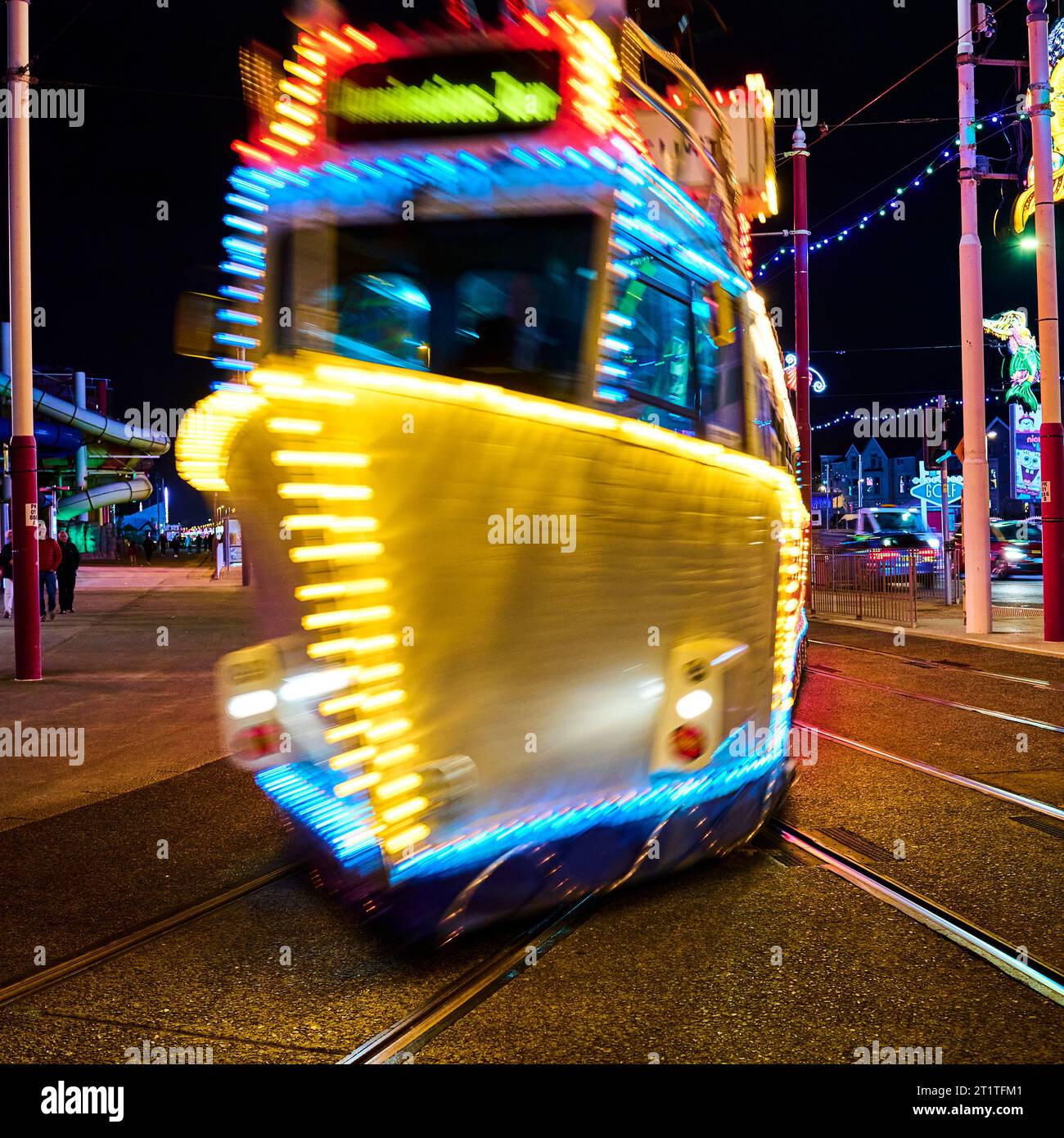 The illuminated boat tram travelling through Blackpool illumination ...