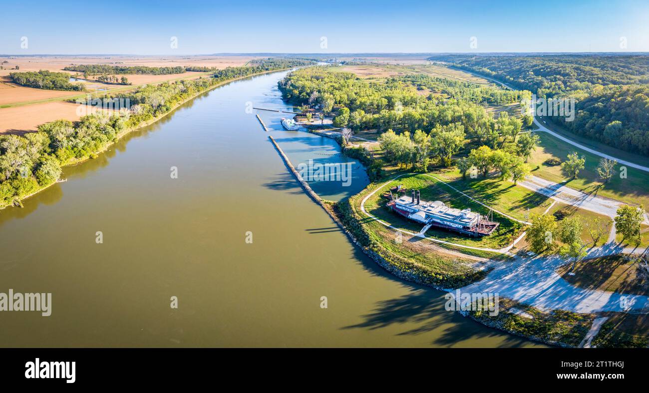 aerial view of the Missouri River downstream of Brownville, Nebraska ...