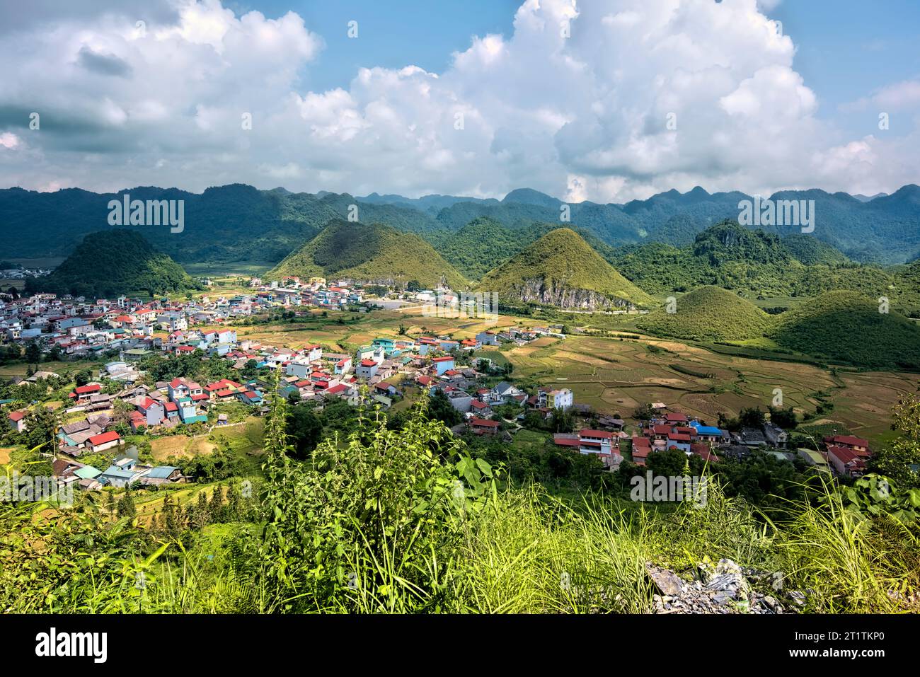 View of the Twin Mountains and limestone karst plateau from Quan Ba ...