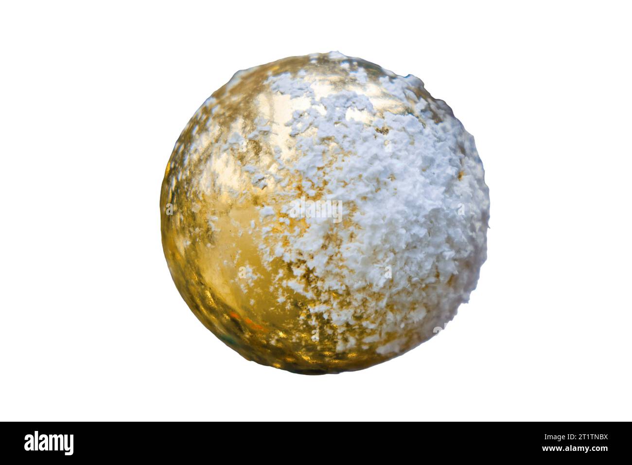 Yellow ball covered with snow as a toy for decoration on the Christmas ...