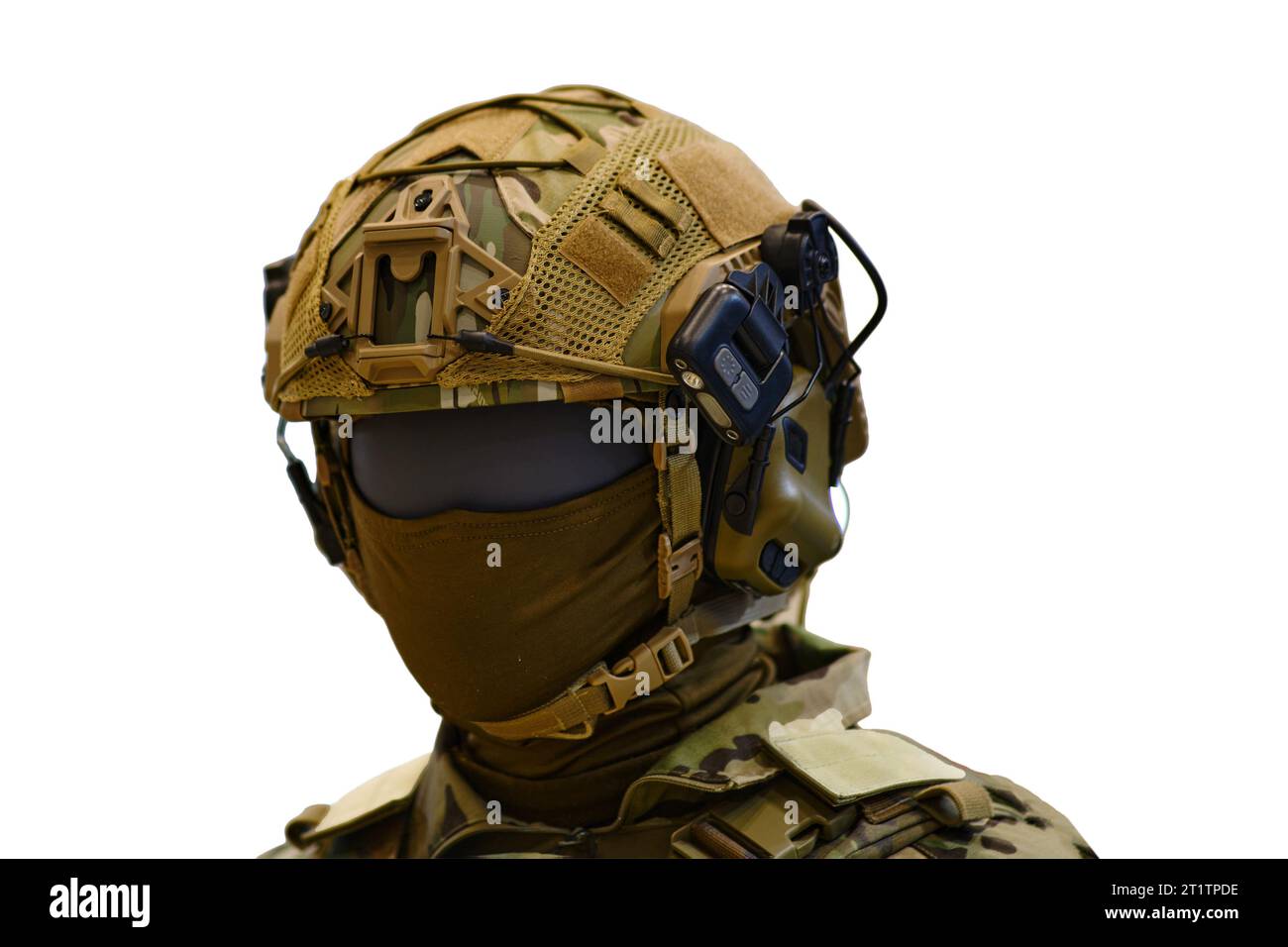 Helmet with headphones for an army radio on a mannequin, isolated on ...
