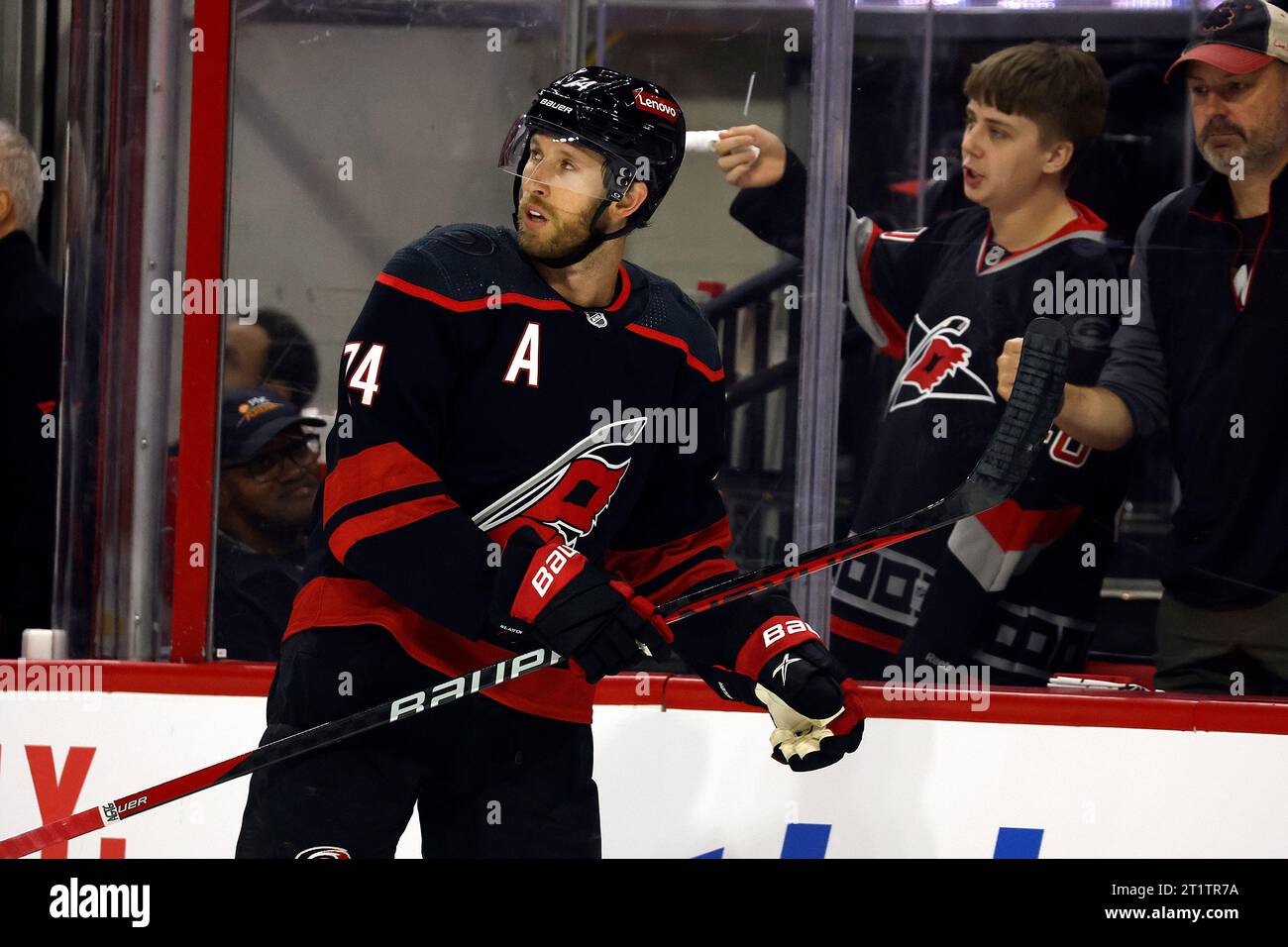 Carolina Hurricanes' Jaccob Slavin (74) celebrates his goal against the ...