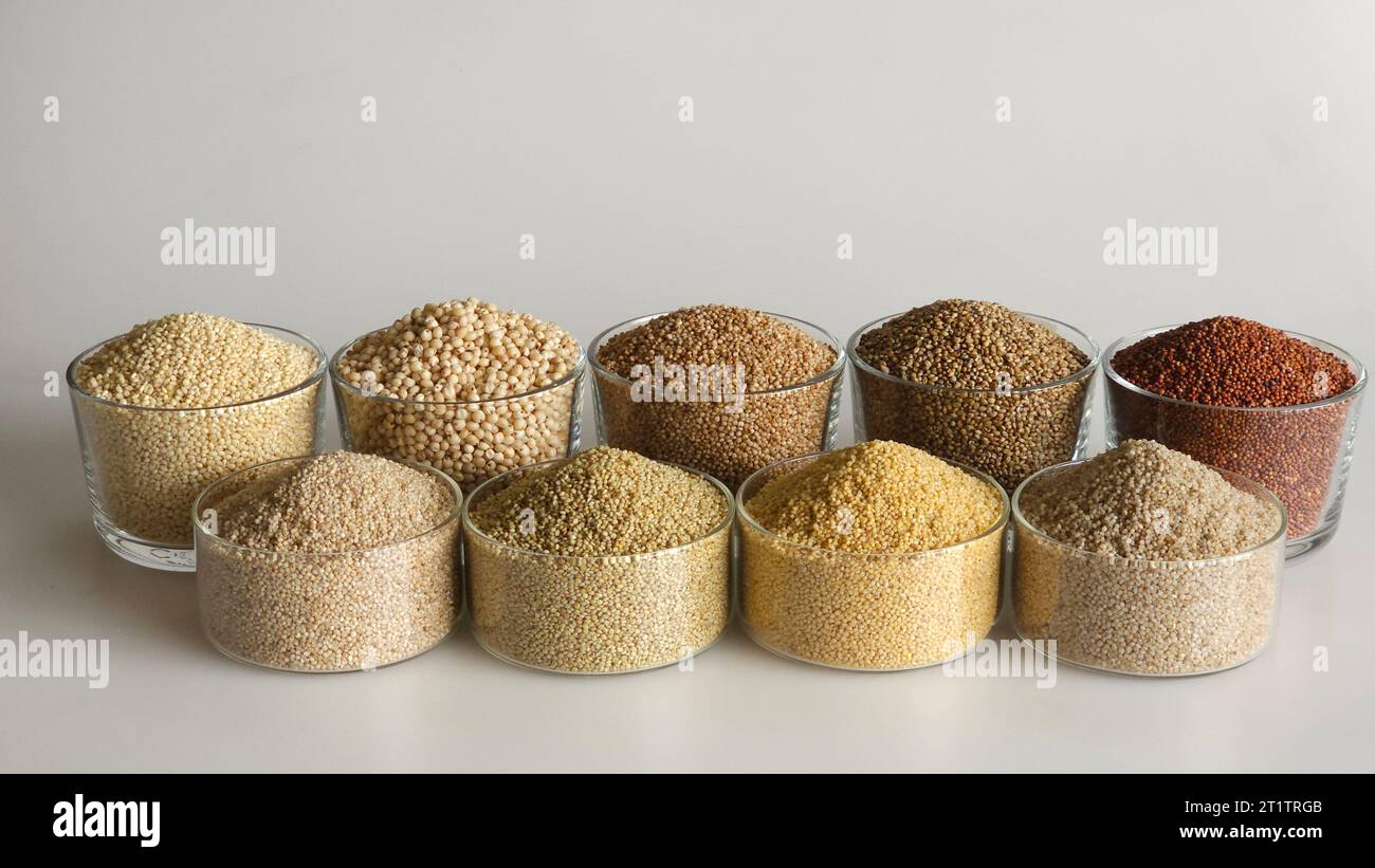 A single image showing all the nine millets. Millets filled in bowls to ...