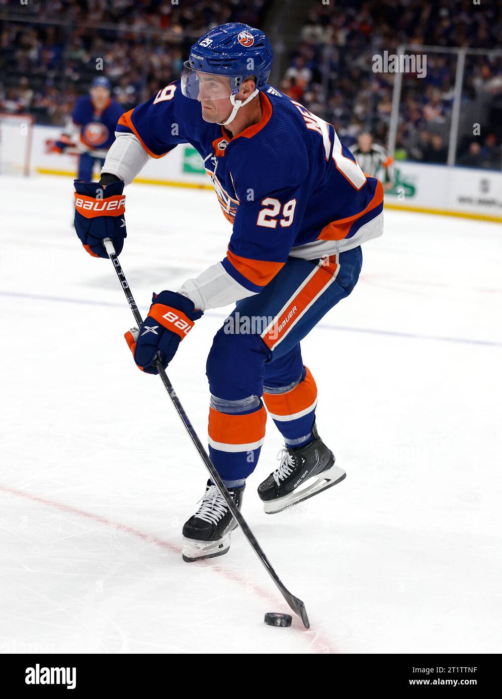 New York Islanders center Brock Nelson (29) shoots the puck against the ...
