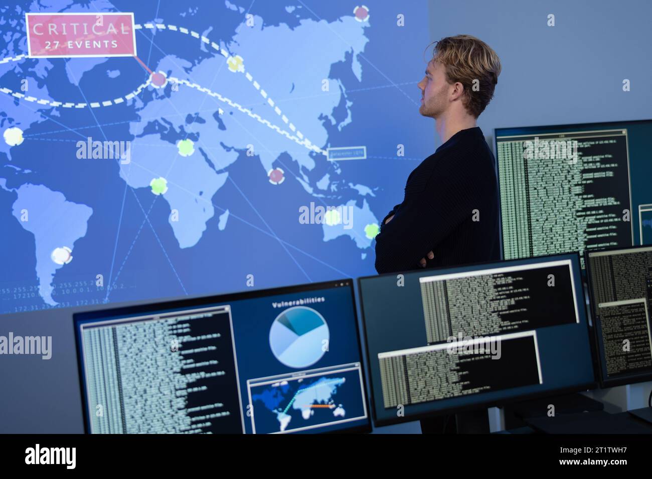 Back View in the Cyber Security Control Center Operator Working. Multiple Screens Showing ...