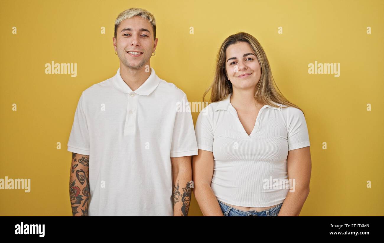 Beautiful couple smiling confident standing together over isolated ...