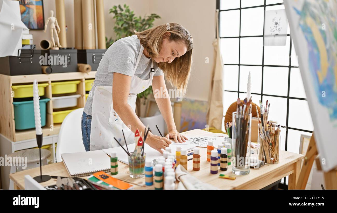 Attractive young blonde woman artist, focused face busy drawing in ...