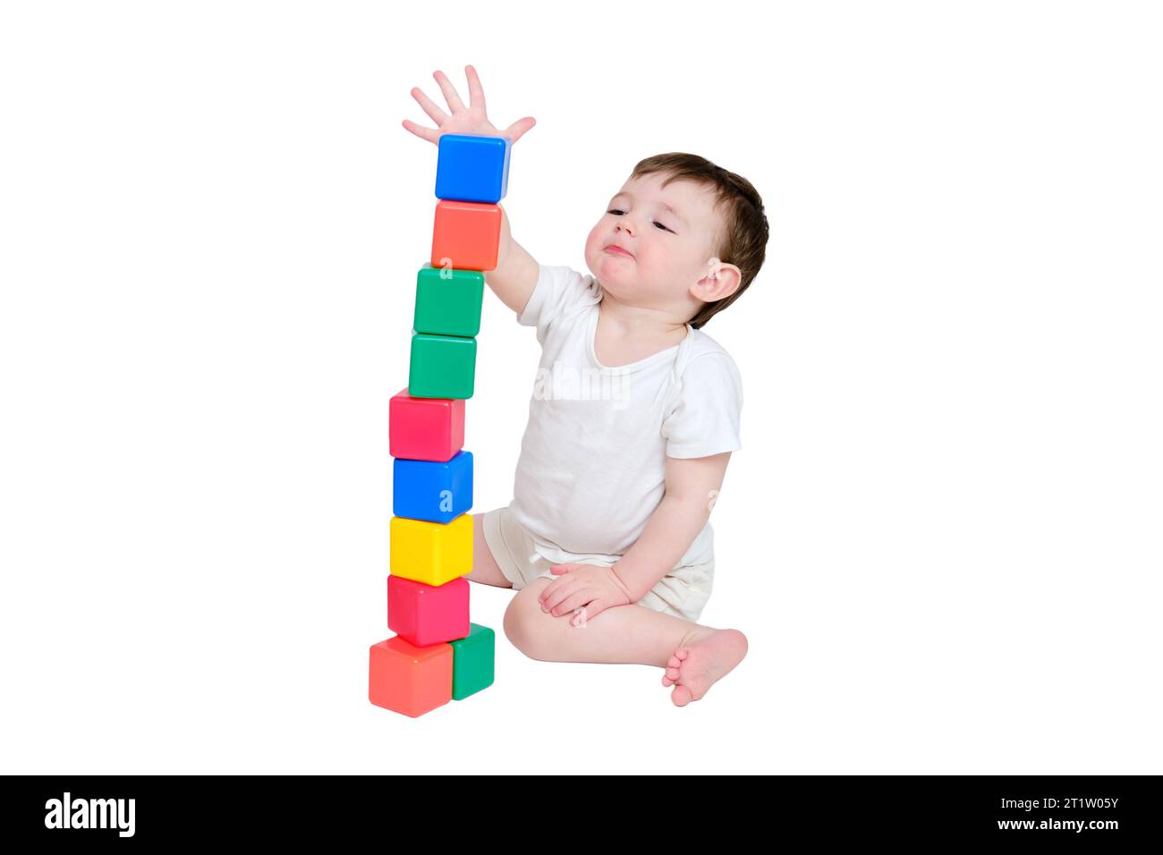 Happy baby play educational toys on studio, isolated on white ...