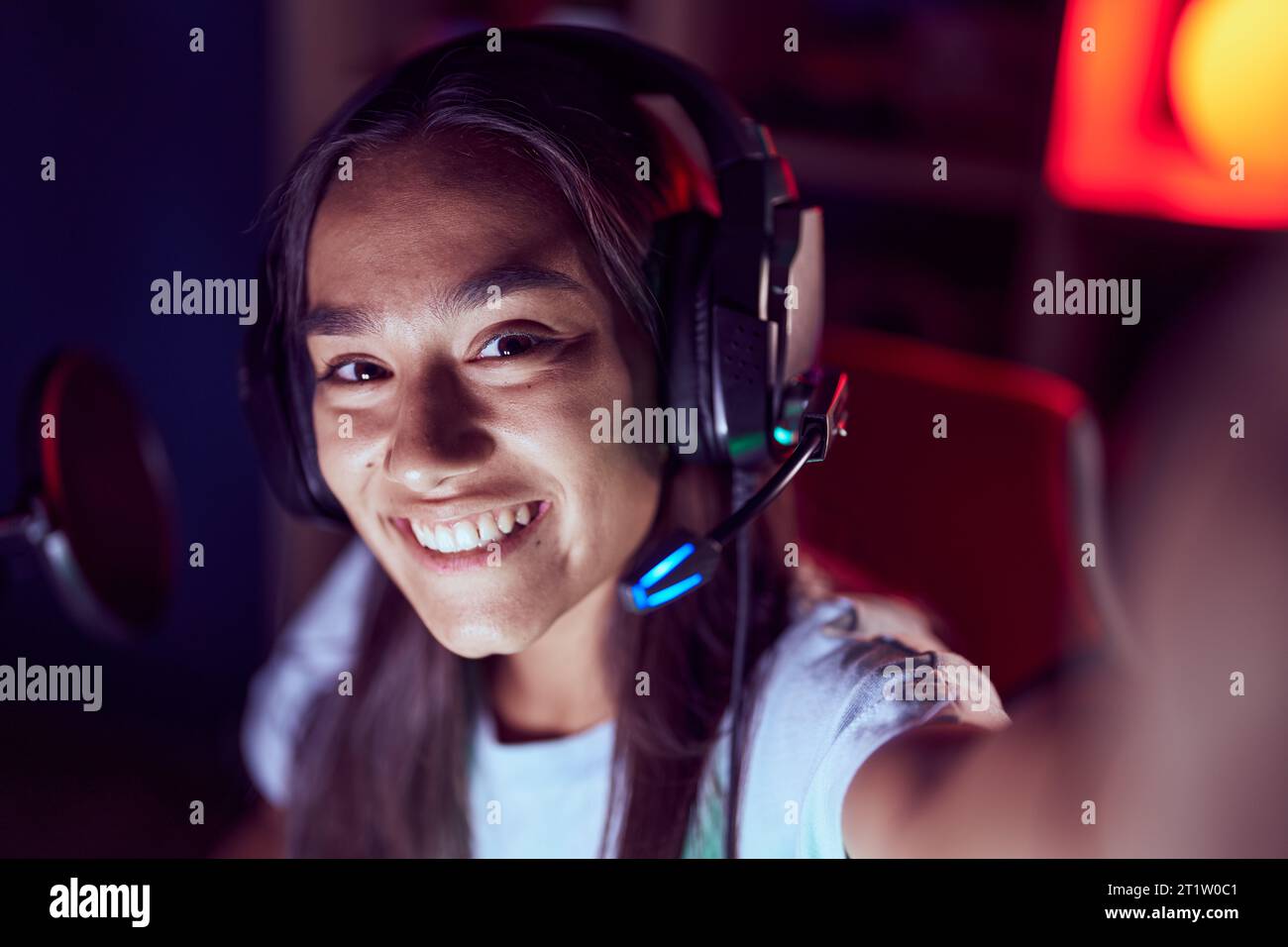 Young beautiful hispanic woman streamer smiling confident make selfie ...