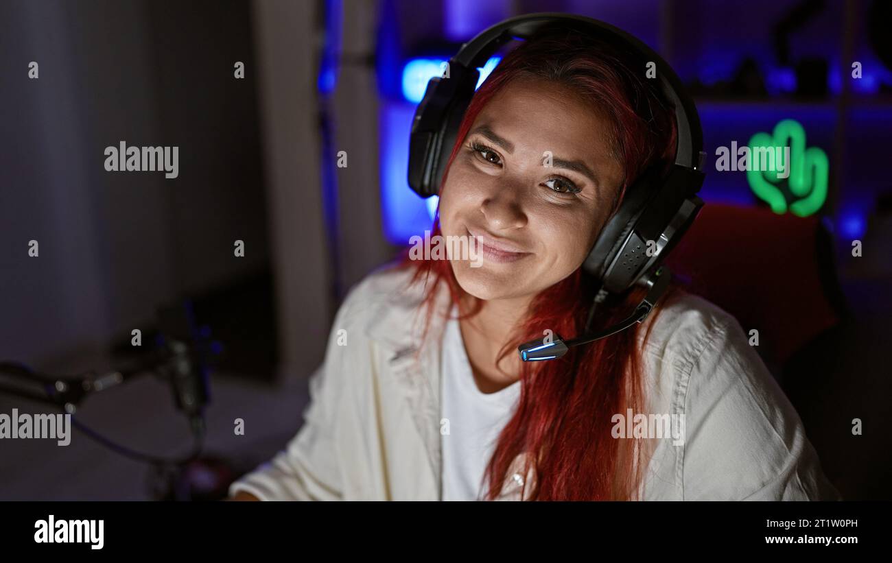 Captivating live stream, radiant young redhead streamer woman, smiling ...