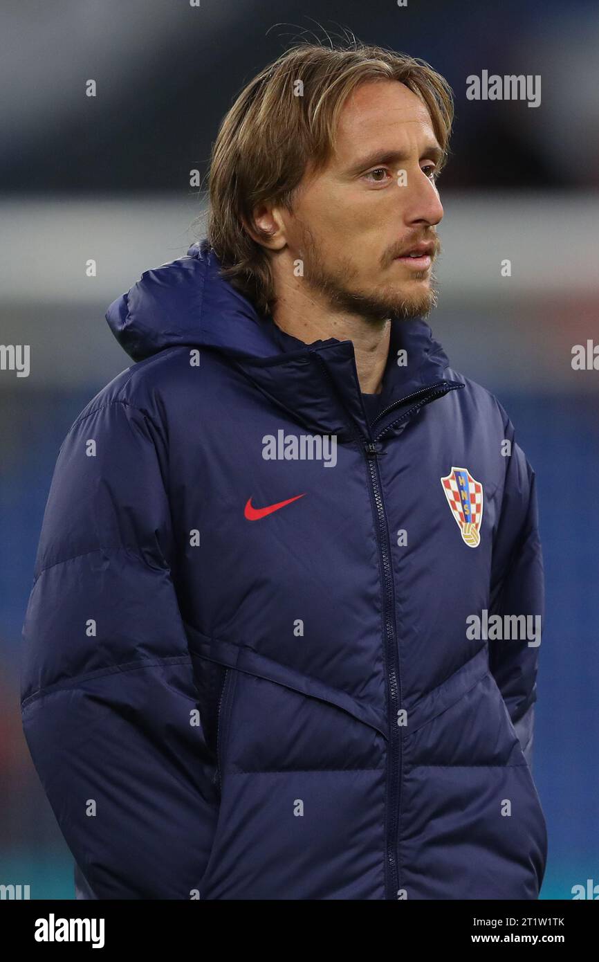 Cardiff, UK. 15th Oct, 2023. Luka Modri? #10 of Croatia arrives ahead ...