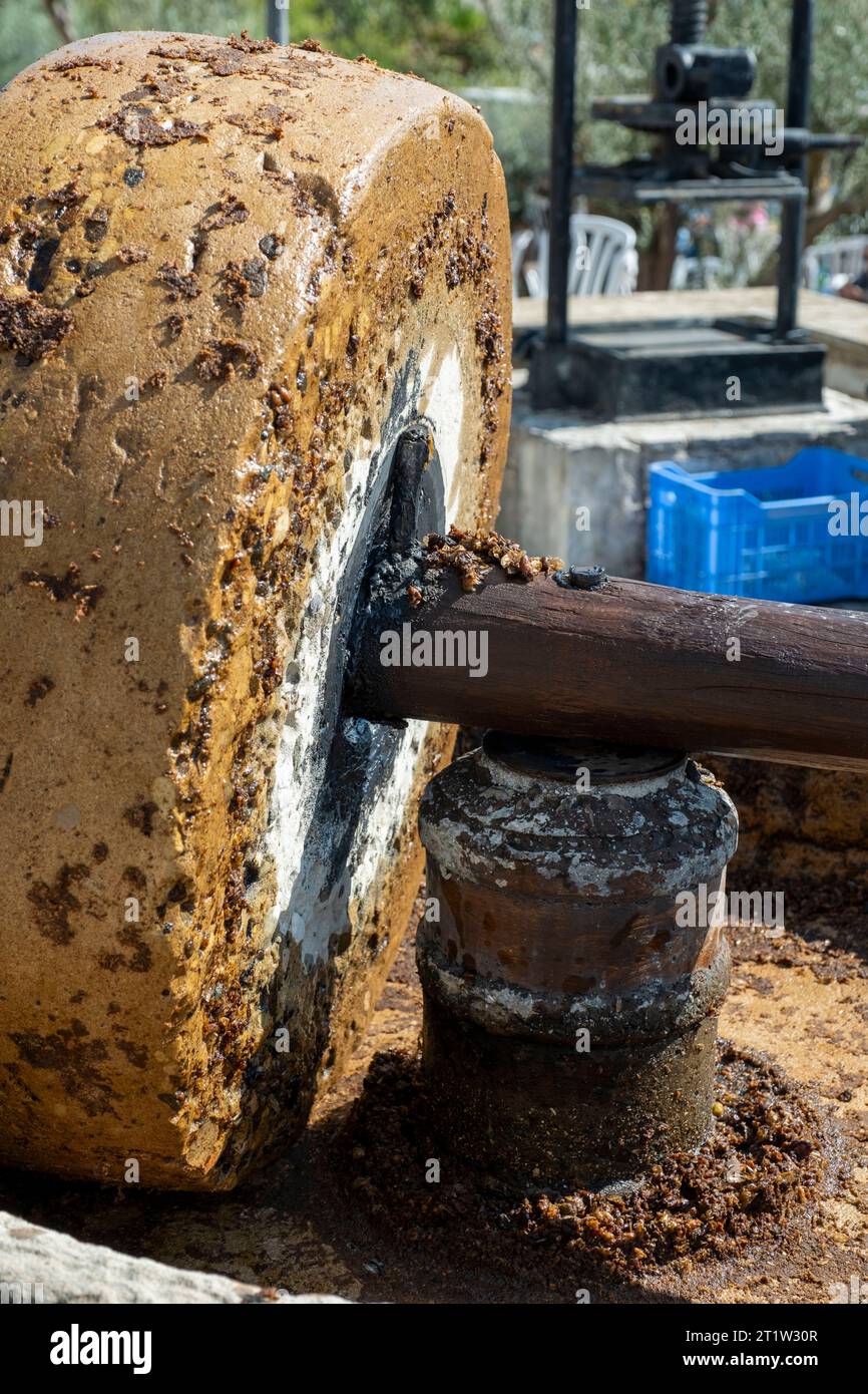 Working stone wheel olive press on display at the Amargeti Olive ...