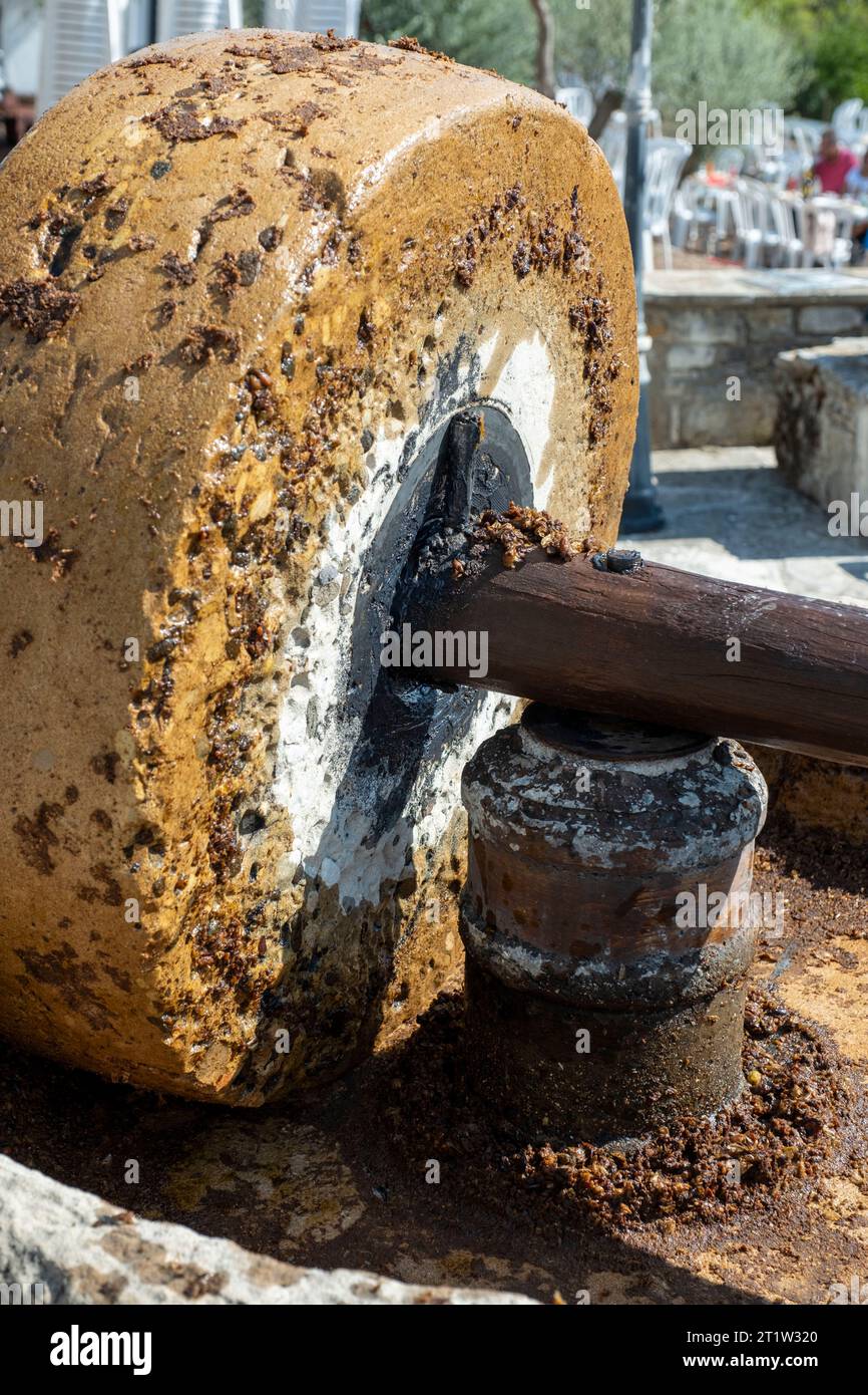 Working stone wheel olive press on display at the Amargeti Olive ...