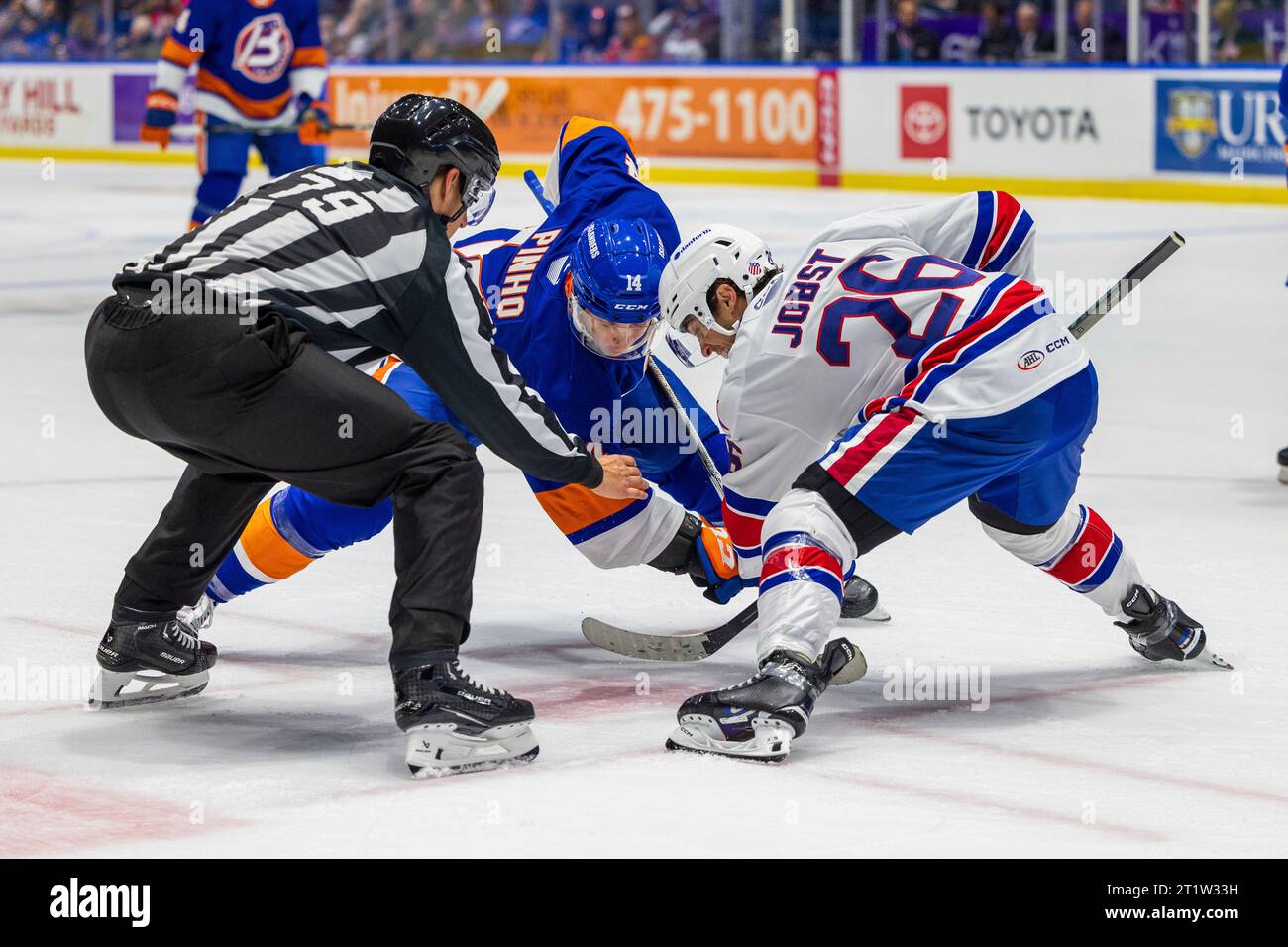 October 13th 2023: Bridgeport Islanders forward Brian Pinho (14) takes ...