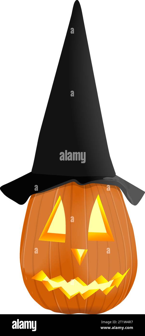 Glowing carved pumpkins for Halloween. Orange pumpkin with black hat ...