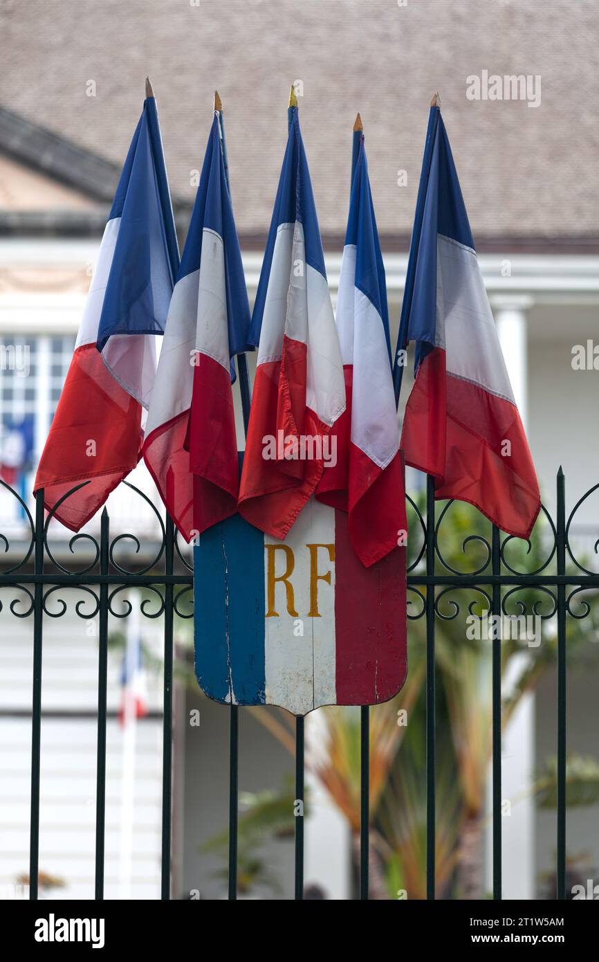 Coat of arms of the French Republic with Five French flags above it ...
