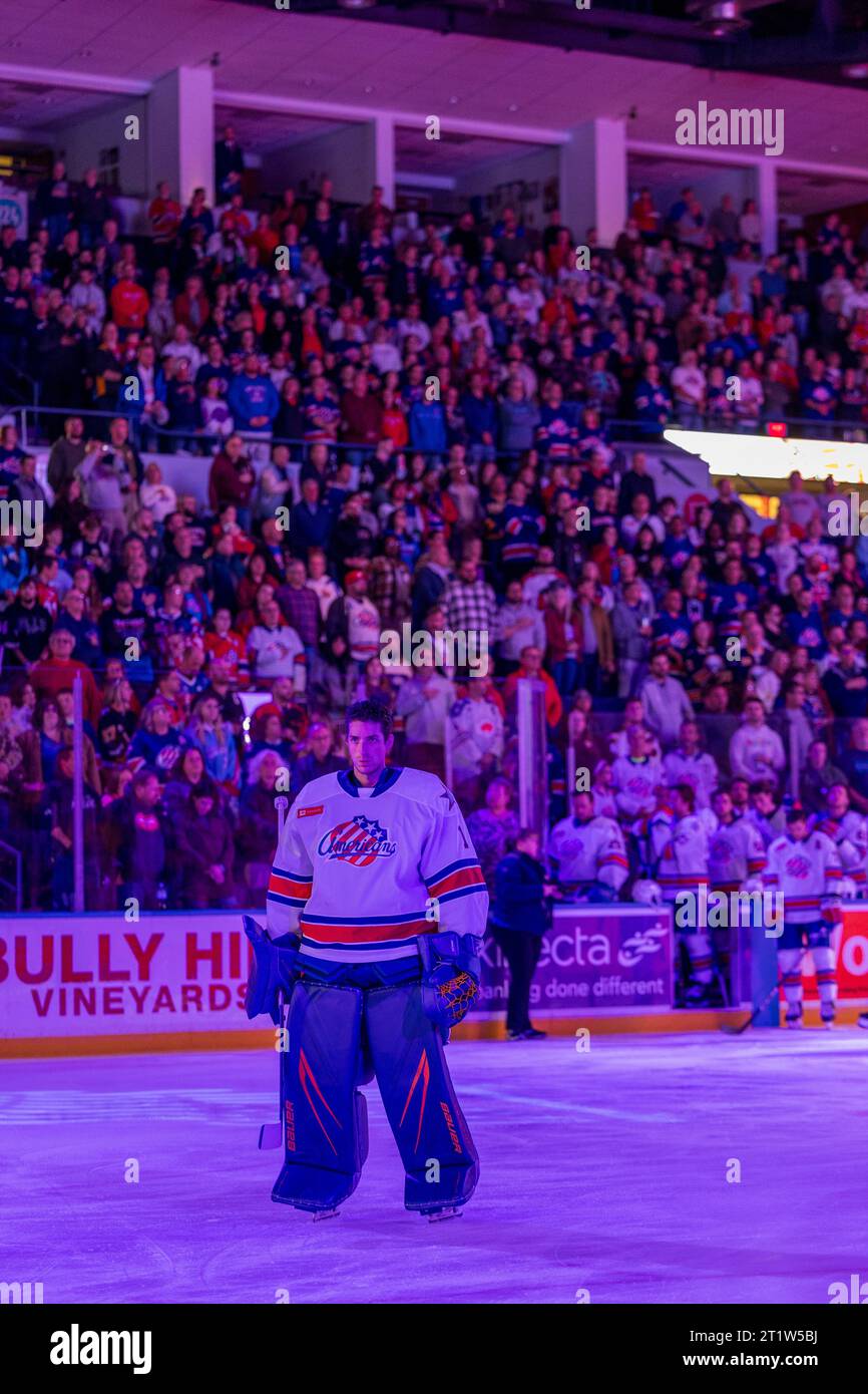 USA. 13th Oct, 2023. October 13th 2023: Rochester Americans goaltender ...