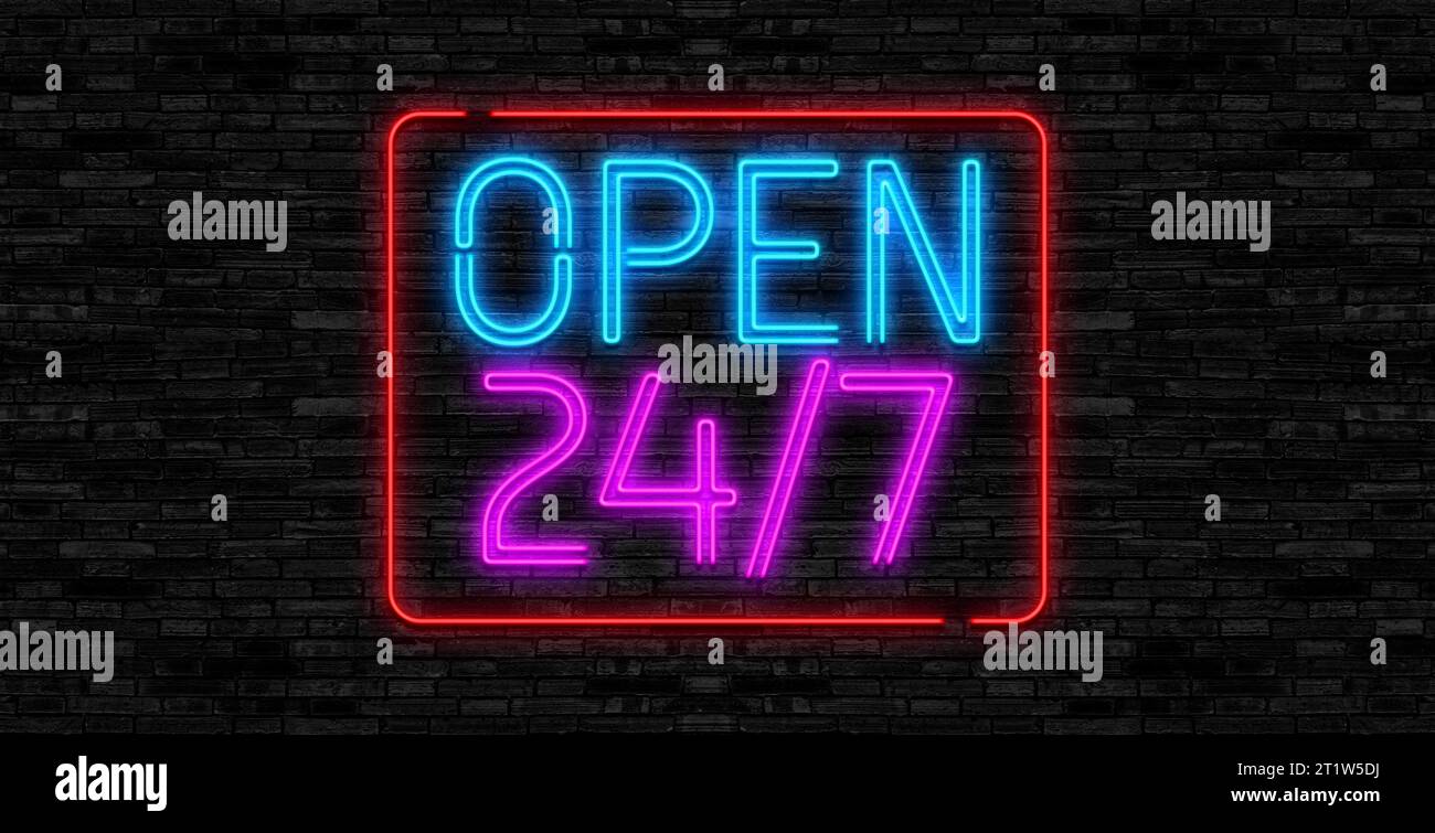 24 hours Neon signboards set Vector. Open all day neon signs, design ...
