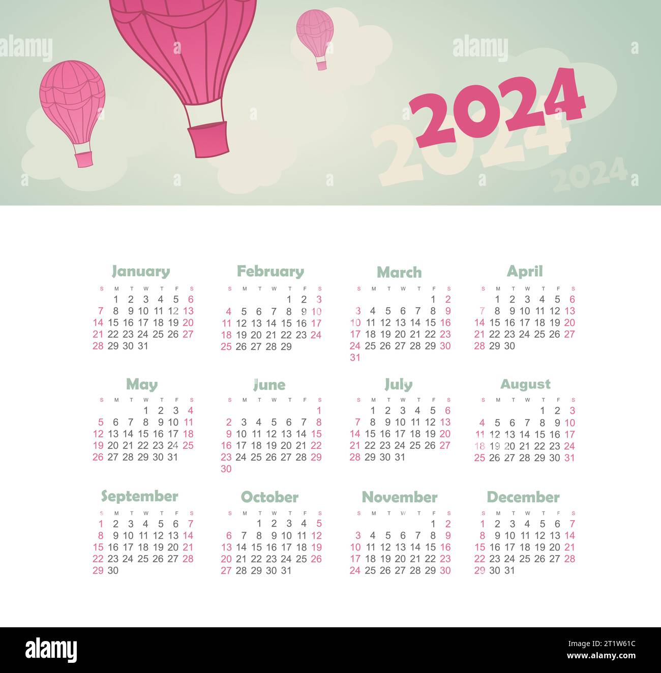 Modern vector Calendar 2024 year with balloon, sky, cloud, aerostat ...