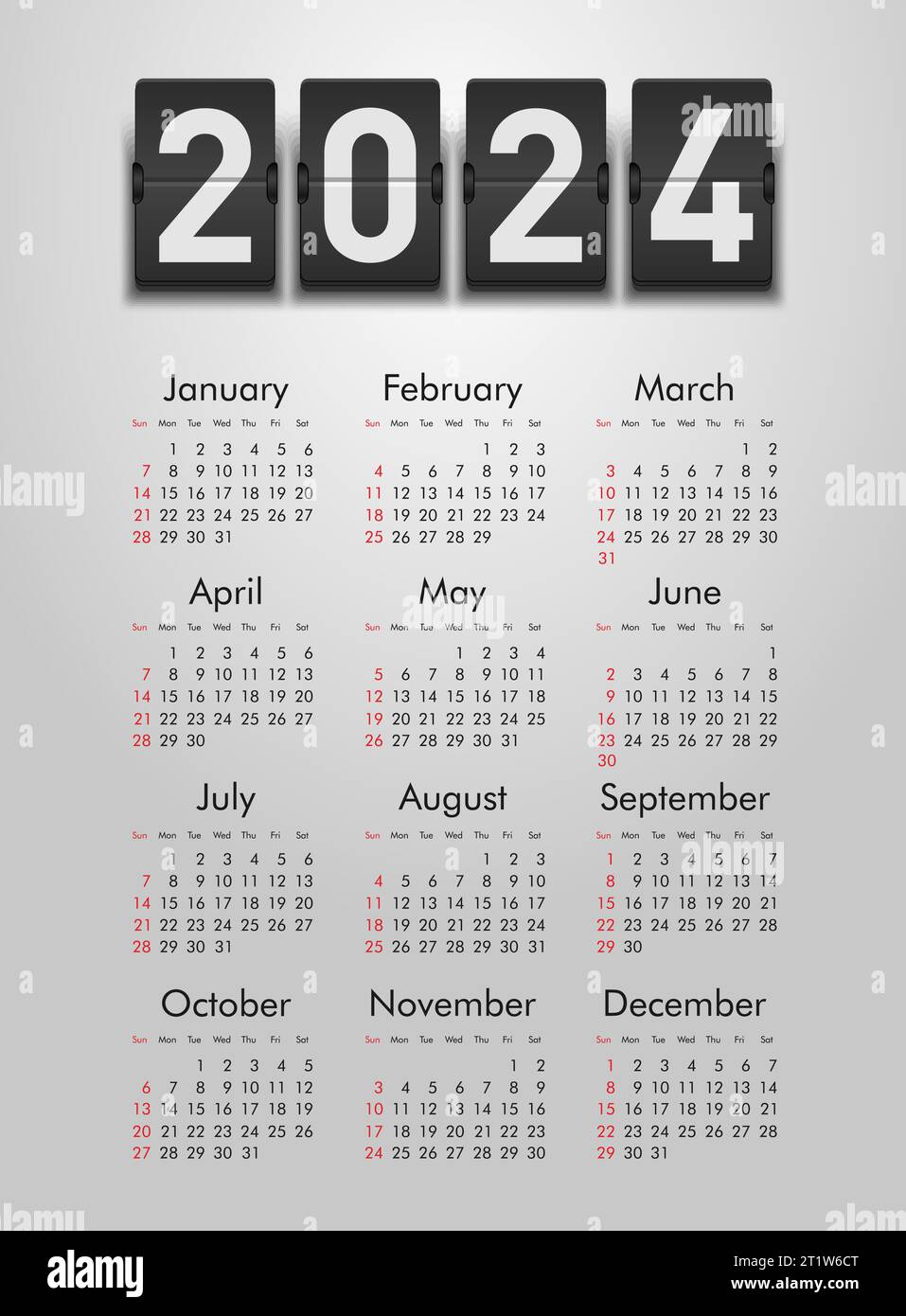 Calendar 2024 year. Color vector template. Week starts on Sunday. Basic ...