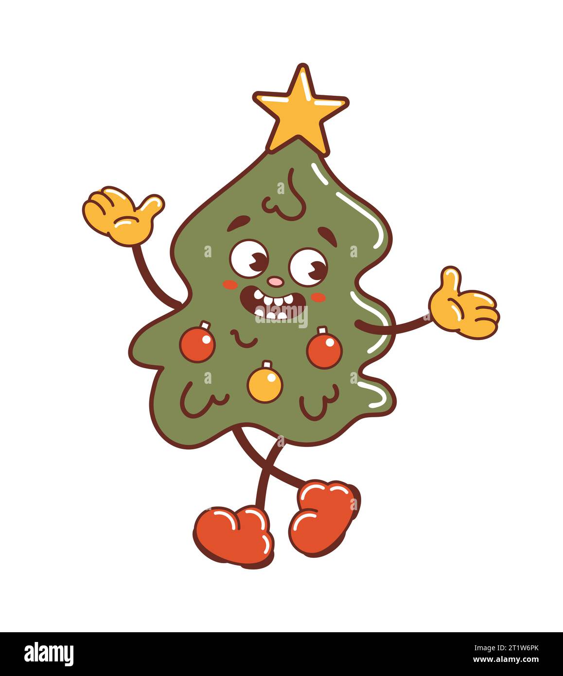 The Christmas tree is dancing and laughing. Cute character in old retro ...