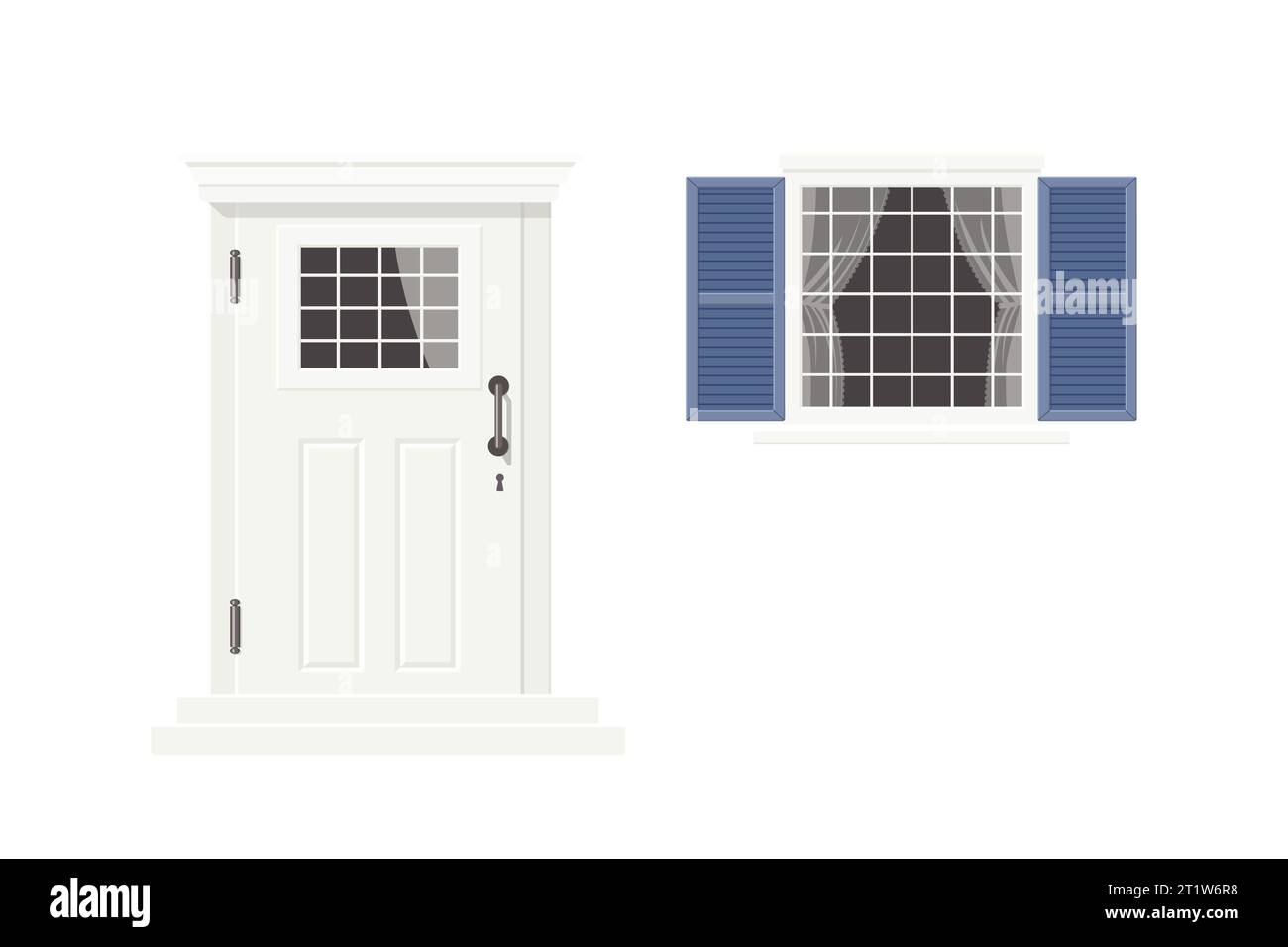 Cute white vintage door and window with blue shutters Stock Vector ...