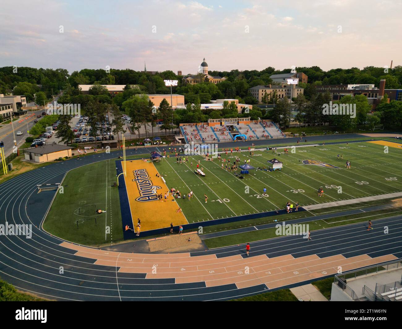 An aerial view of a stadium filled with people in Rock Island, the ...