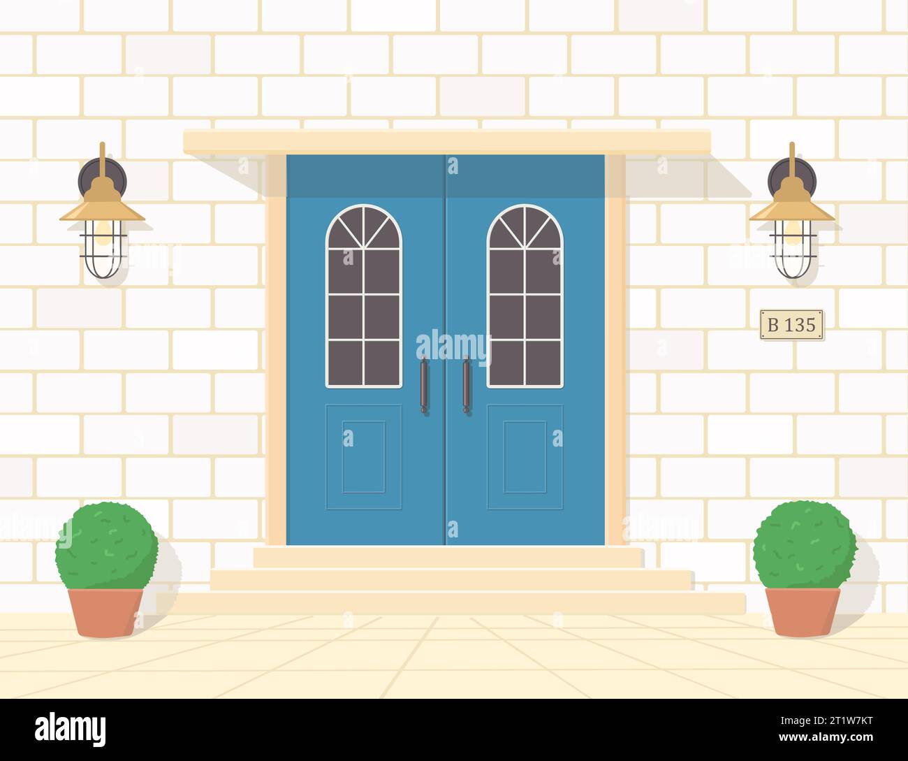 Blue double front door with glass. Entrance to house with lanterns ...