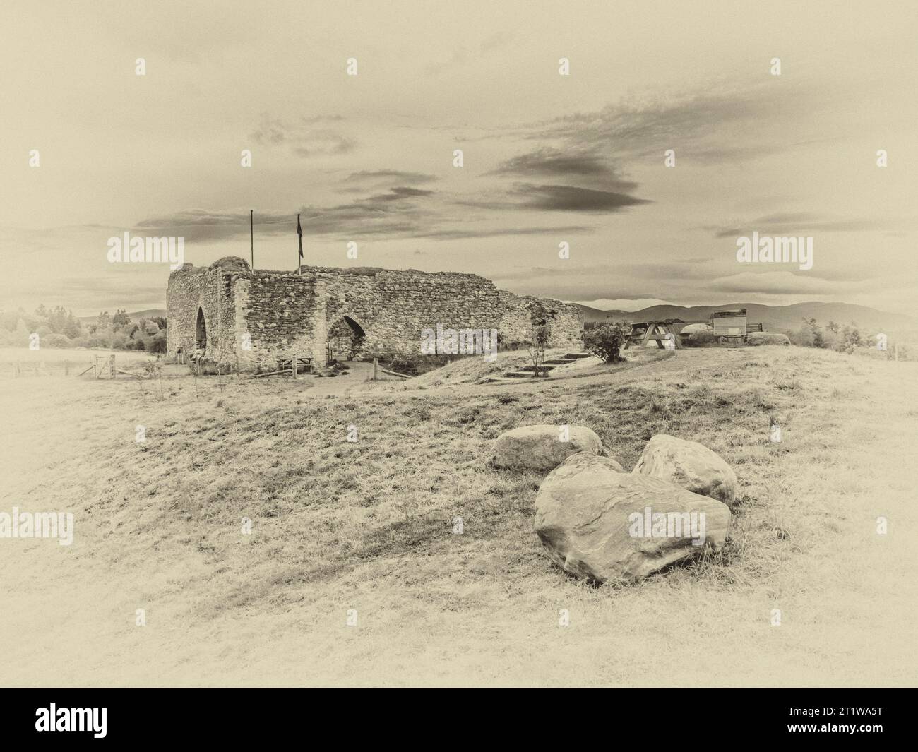 The image is of the 12th century ruin of Castle Roy fortress near the ...