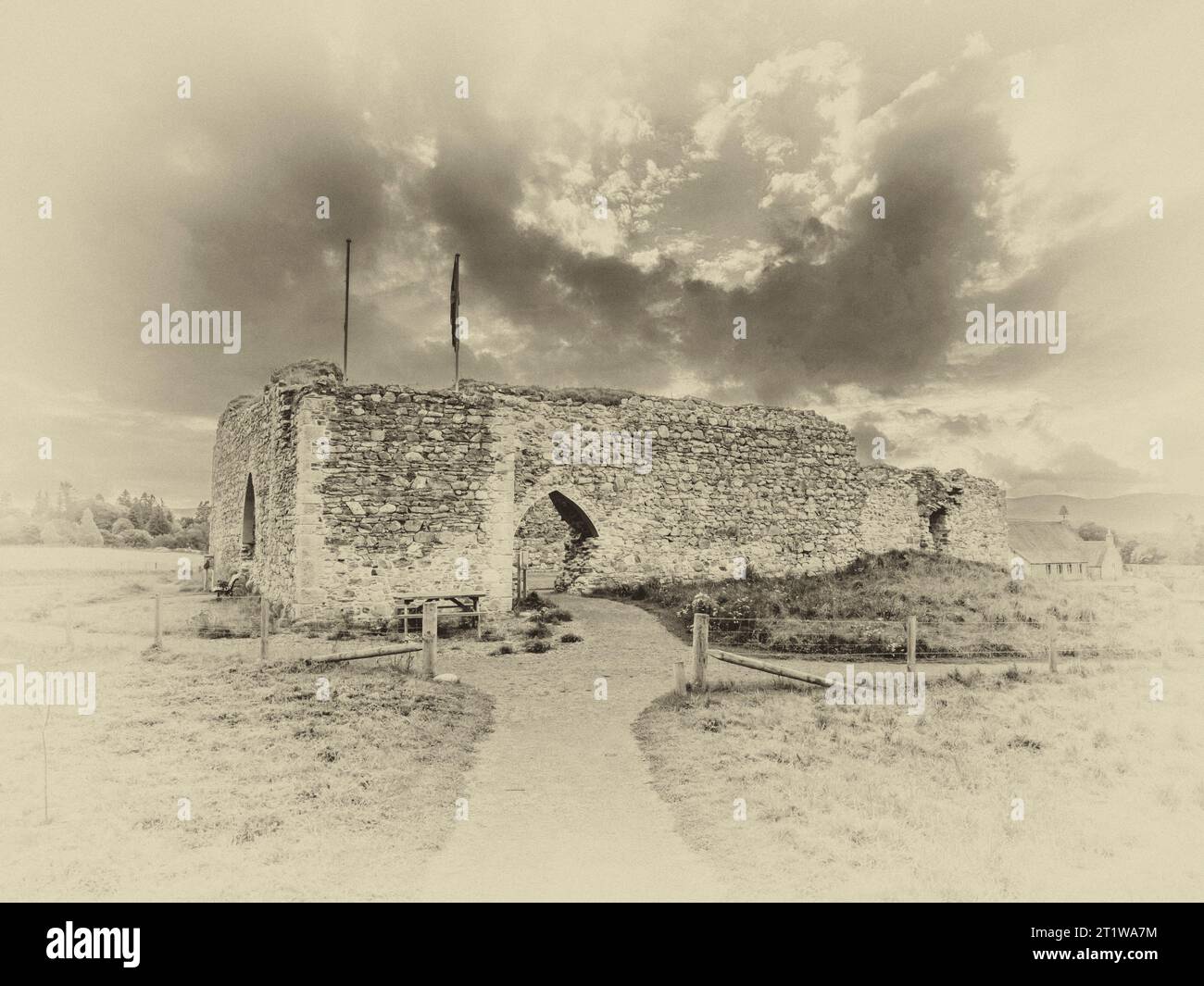 The image is of the 12th century ruin of Castle Roy fortress near the ...