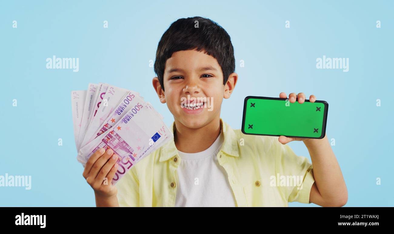 Face of kid, money or phone green screen in studio on social media to ...