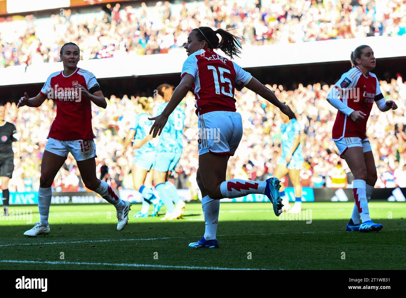 London, UK. 15th October 2023. Katie McCabe (15 Arsenal) celebrates ...