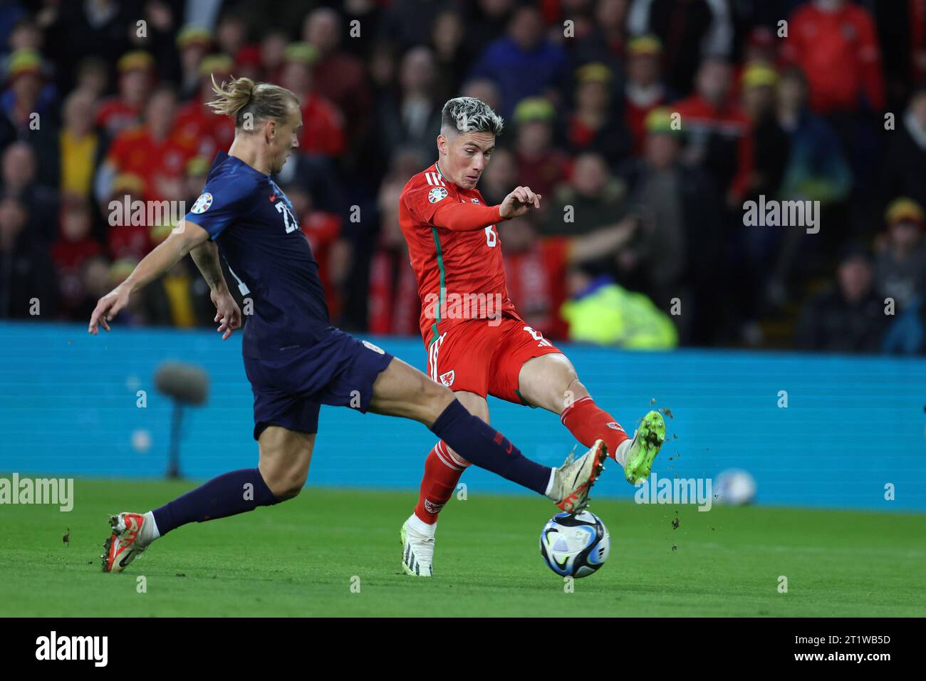 Cardiff, UK. 15th Oct, 2023. Harry Wilson of Wales has an early shot at ...