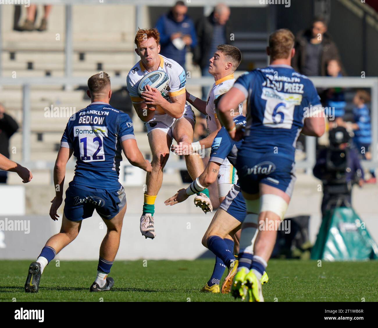 George Hendy #15 of Northampton Saints catches a high kick during the ...