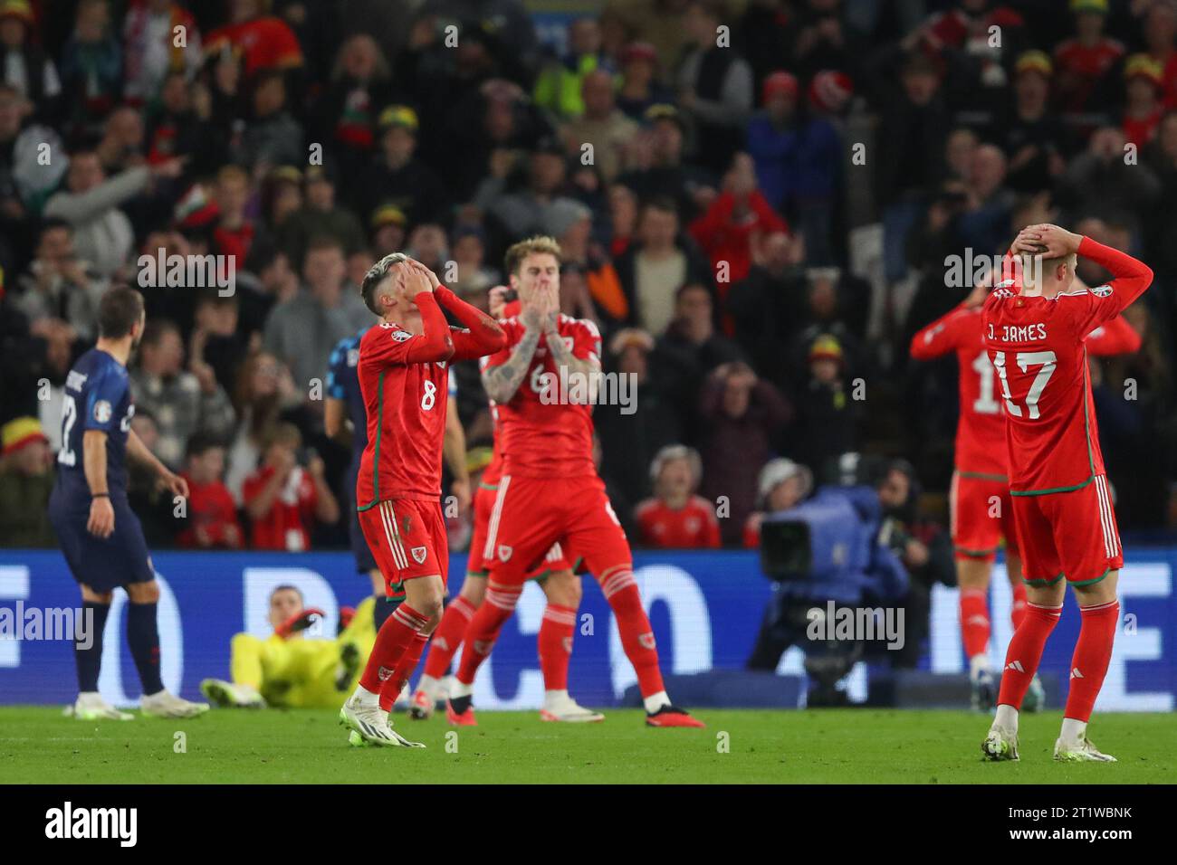 Cardiff, UK. 15th Oct, 2023. Harry Wilson of Wales reacts to his free ...