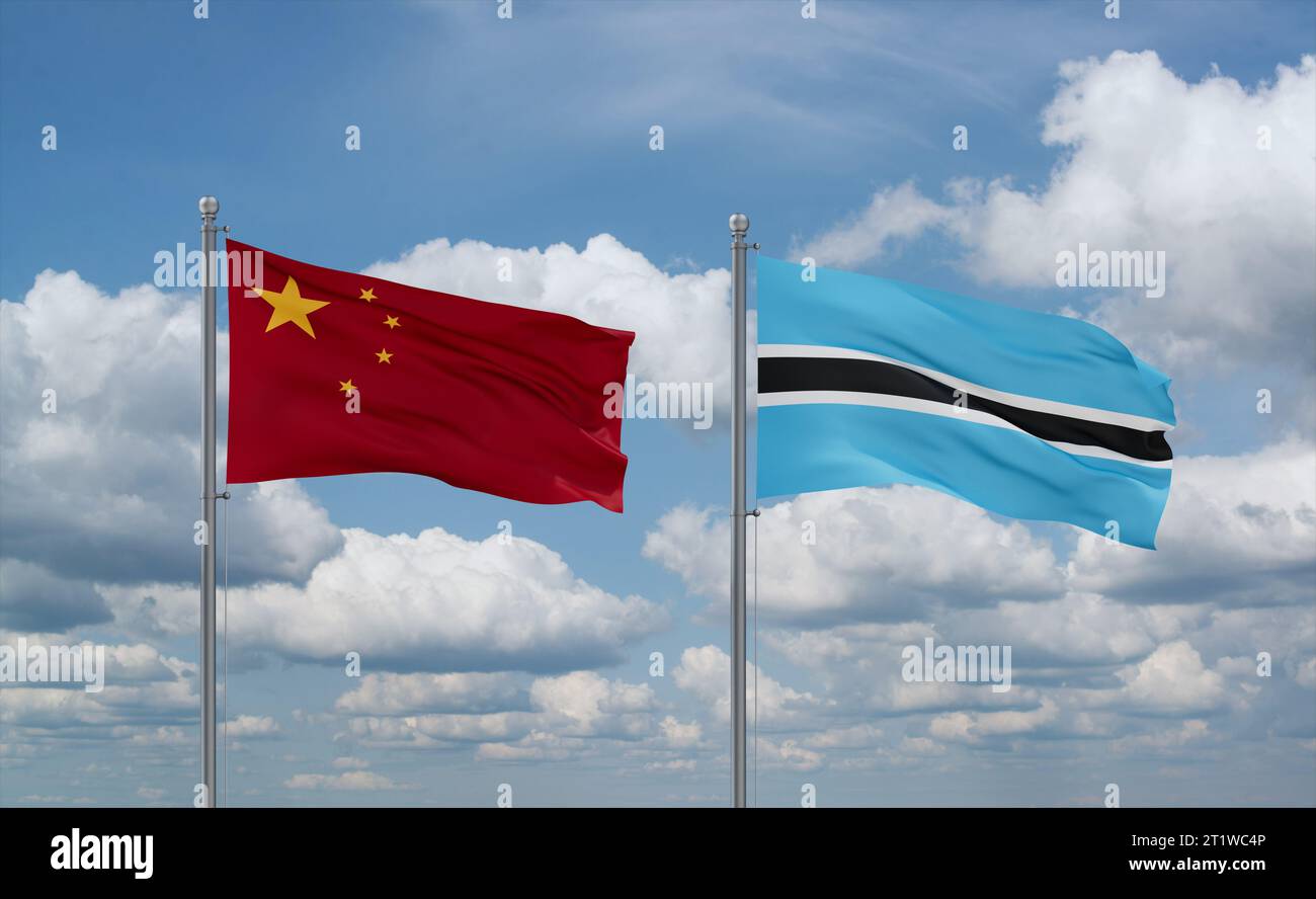 Botswana and China flags waving together on blue cloudy sky, two country relationship concept ...
