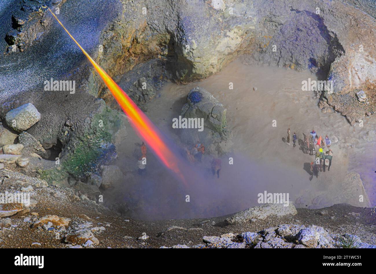 Light force strikes rocks & water with AI people below watching. Explosion occurs & land shows ...