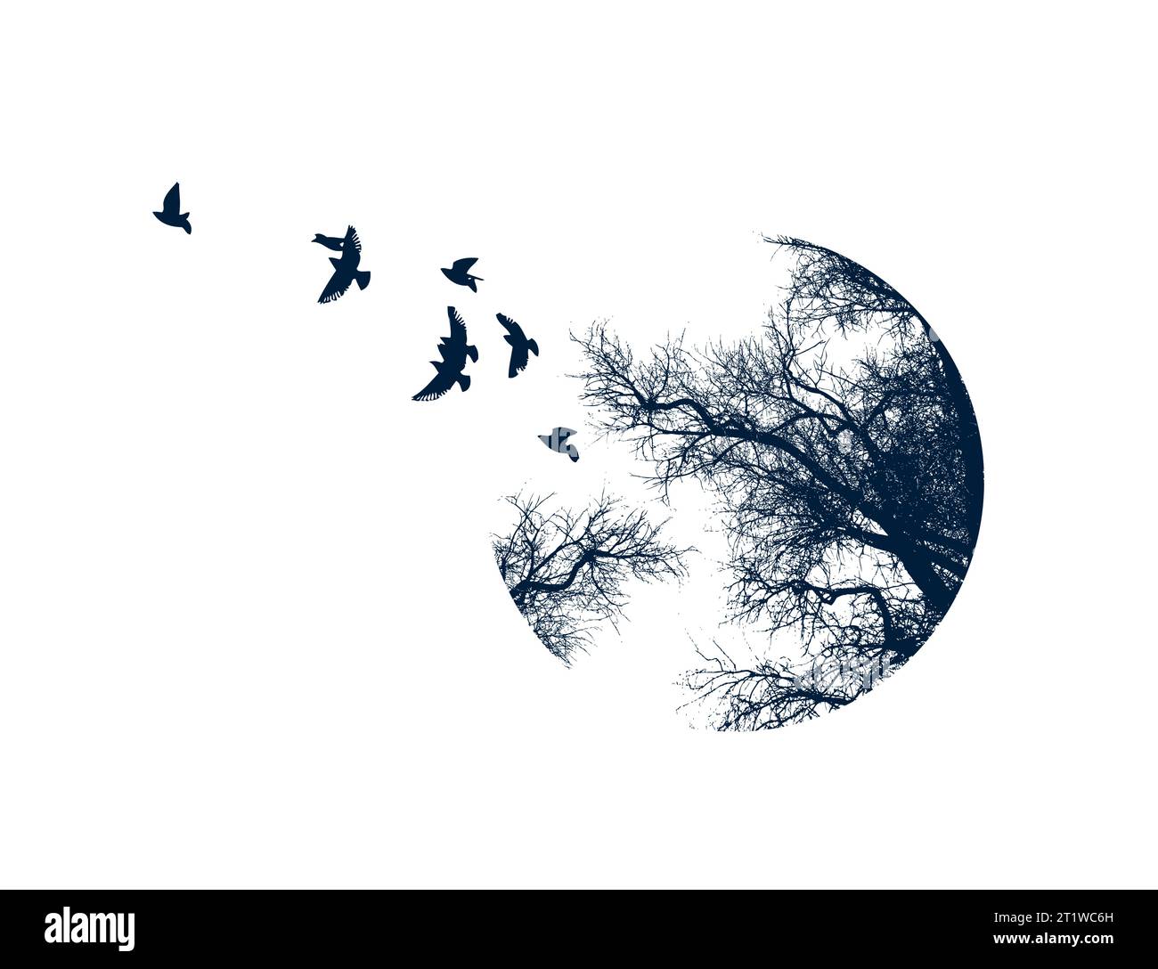 Abstract nature. Birds fly from tree branches. hand drawing. Not AI ...