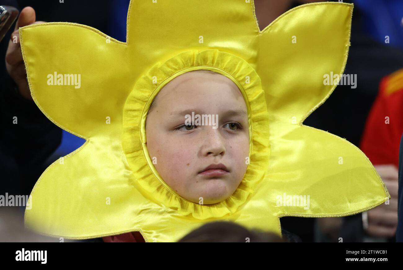 Cardiff, UK. 15th Oct, 2023. A young Welsh fan wearing a costume ...