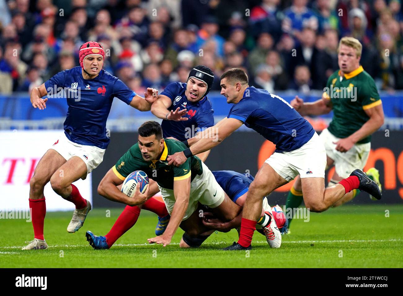 South Africa's Damian de Allende is tackled during the Rugby World Cup ...