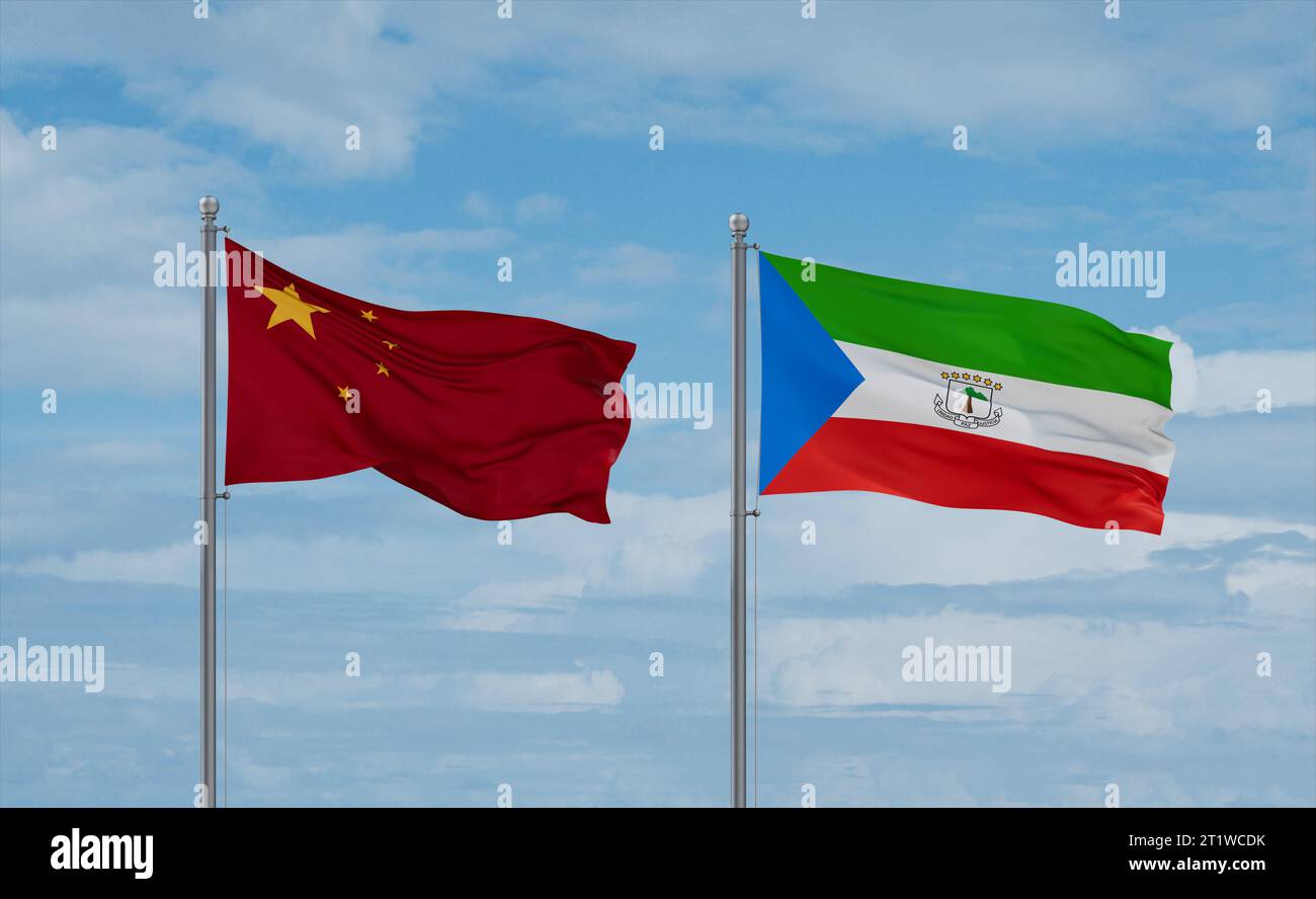 Equatorial Guinea and China flags waving together on blue cloudy sky ...