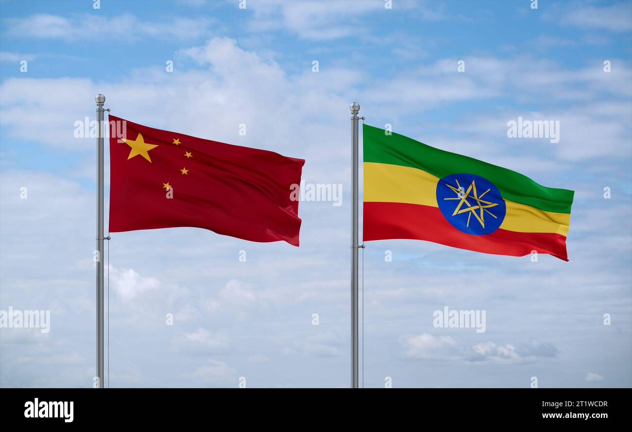 Ethiopia and China flags waving together on blue cloudy sky, two ...