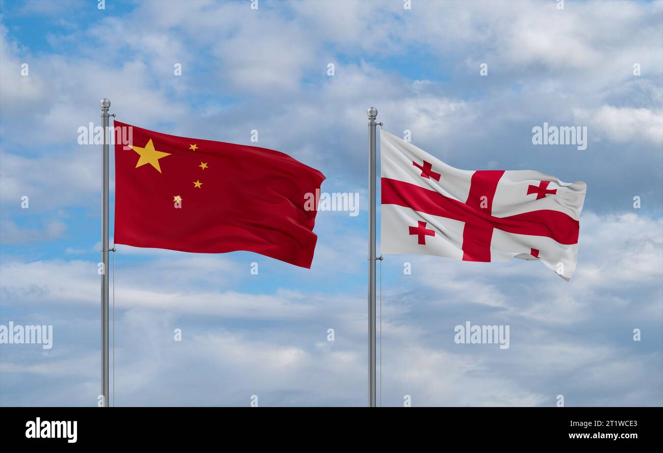 Georgia and China flags waving together on blue cloudy sky, two country ...