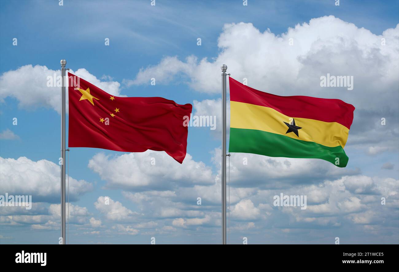 Ghana and China flags waving together on blue cloudy sky, two country relationship concept Stock ...