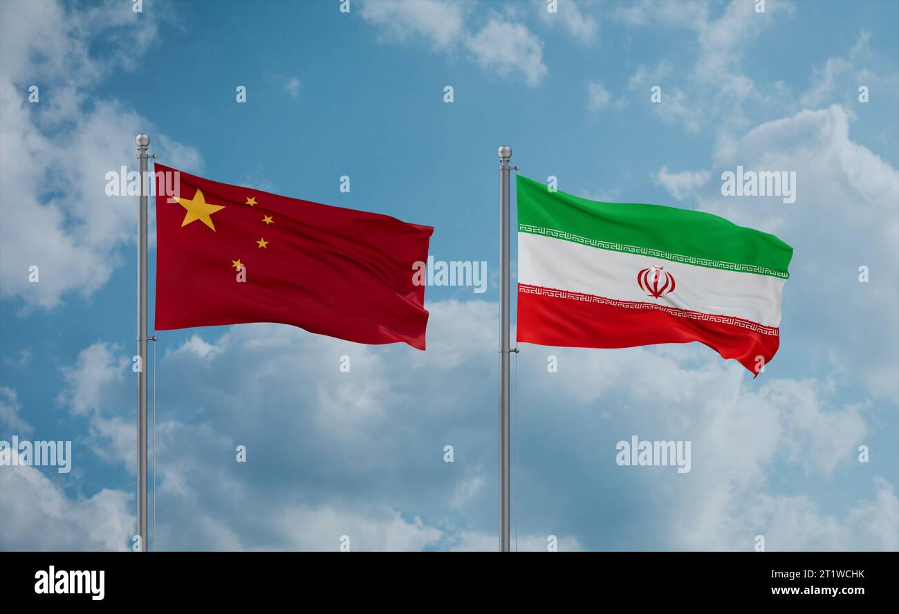 Iran and China flags waving together on blue cloudy sky Stock Photo - Alamy