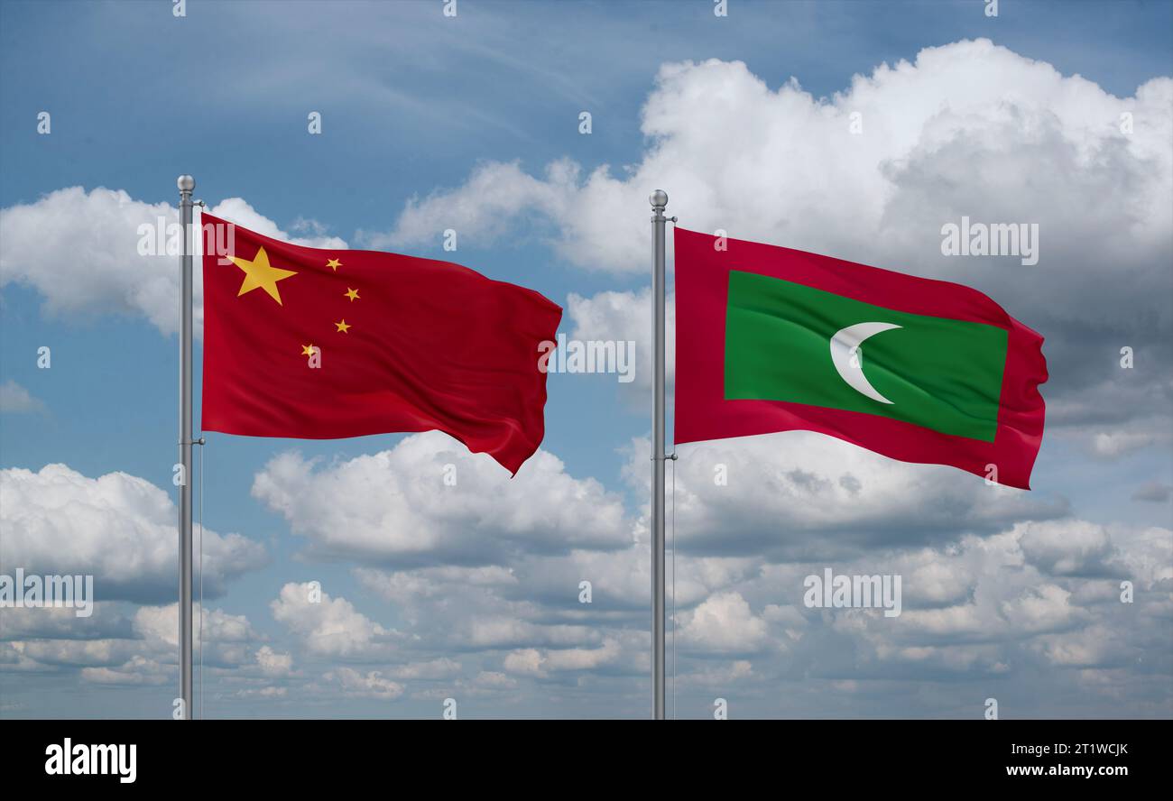 Maldives and China flags waving together on blue cloudy sky, two ...