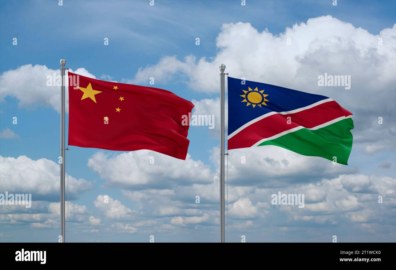 Namibia and China flags waving together in the wind on blue cloudy sky ...