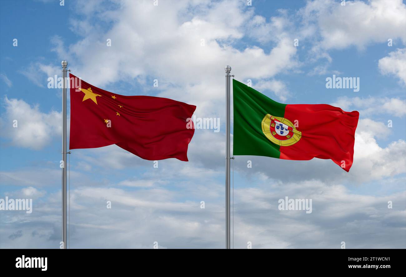 Portugal and China flags waving together in the wind on blue cloudy sky, two country ...